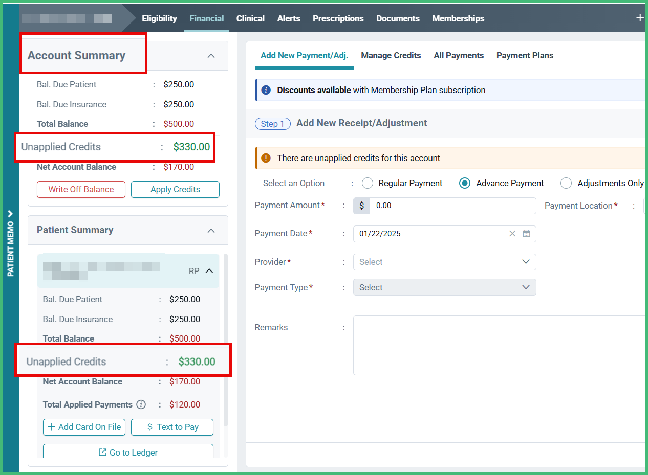 Add and View Unapplied Credits – CareStack: User Resource Center