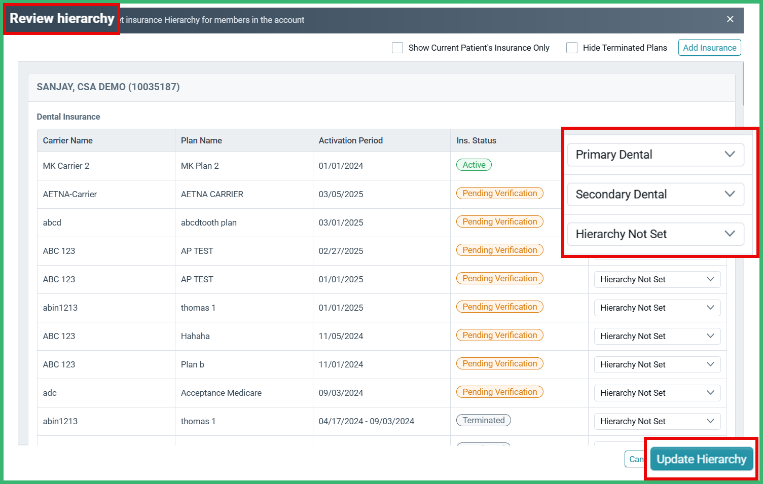Assign Hierarchy for Insurance Plans – CareStack: User Resource Center