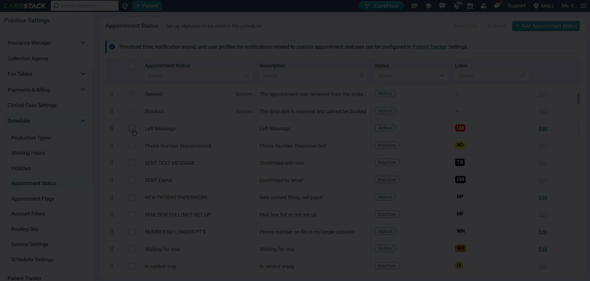 Create and Manage an Appointment Status – CareStack: User Resource Center