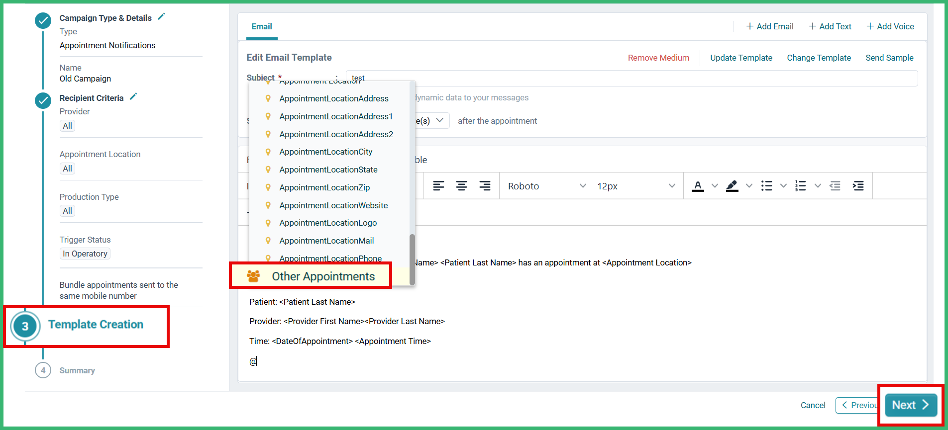 SMS Format for Appointment Campaigns – CareStack: User Resource Center