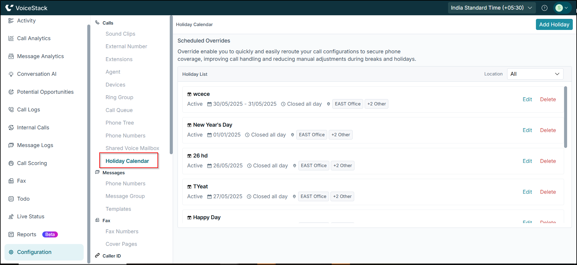 VoiceStack Admin App: Holiday Calendar – CareStack: User Resource Center