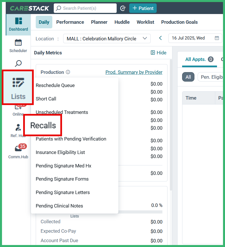Utilize the Recalls List to Fill Appointment Slots – CareStack: User ...